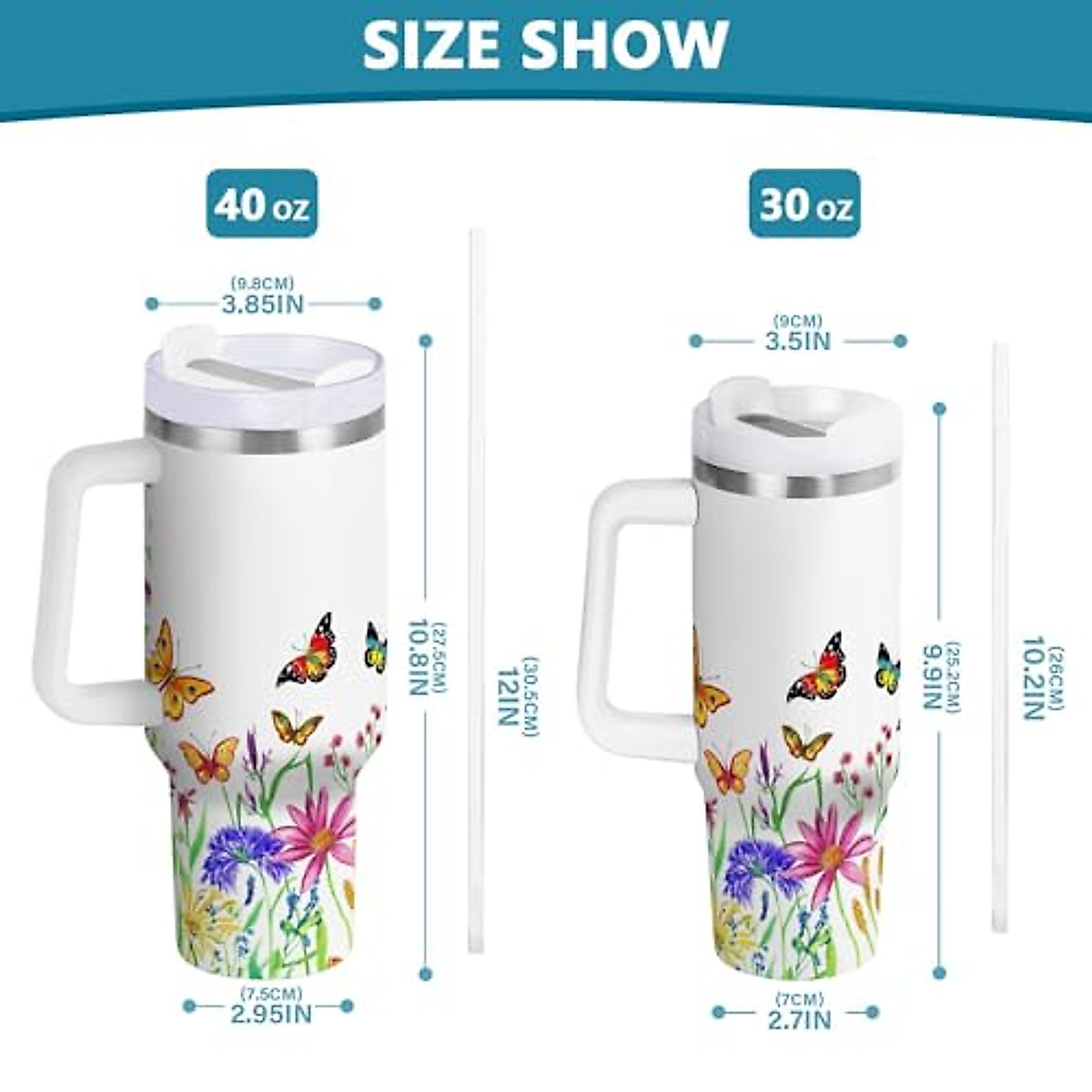 ODAWA 40 Oz Wildflower Butterflies Stainless Steel Insulated Tumbler with Handle and Straw Travel Insulated Tumblers