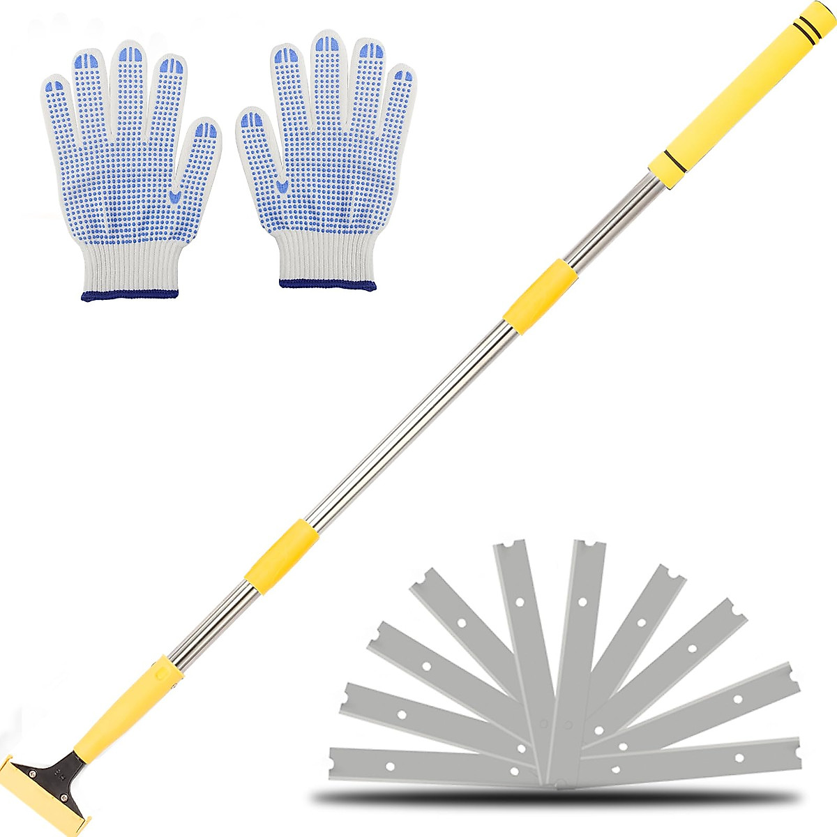 Floor Scraper Long Handle Heavy Duty, 31-61" Floor Scraper Heavy Duty Scraper Tool Thickened Steel Tube with 4inch sharp Blades 10PCS Extra Metal Paint Scraper Ideal for Cleaning.(1 yellow)