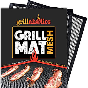 Grillaholics BBQ Mesh Grill Mat - Set of 2 Grill Mats Non Stick - Nonstick Grilling with More Delicious Smoky Flavor - Lifetime Manufacturer Warranty