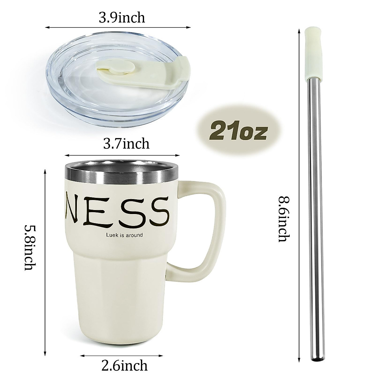 21 oz Insulated Coffee Mug Tumbler with Handle, Stainless Steel Travel Mug Tumbler with Lid and Straw, Coffee Travel Mug Spill Proof with Lid for Keep Hot/Ice Coffee, White