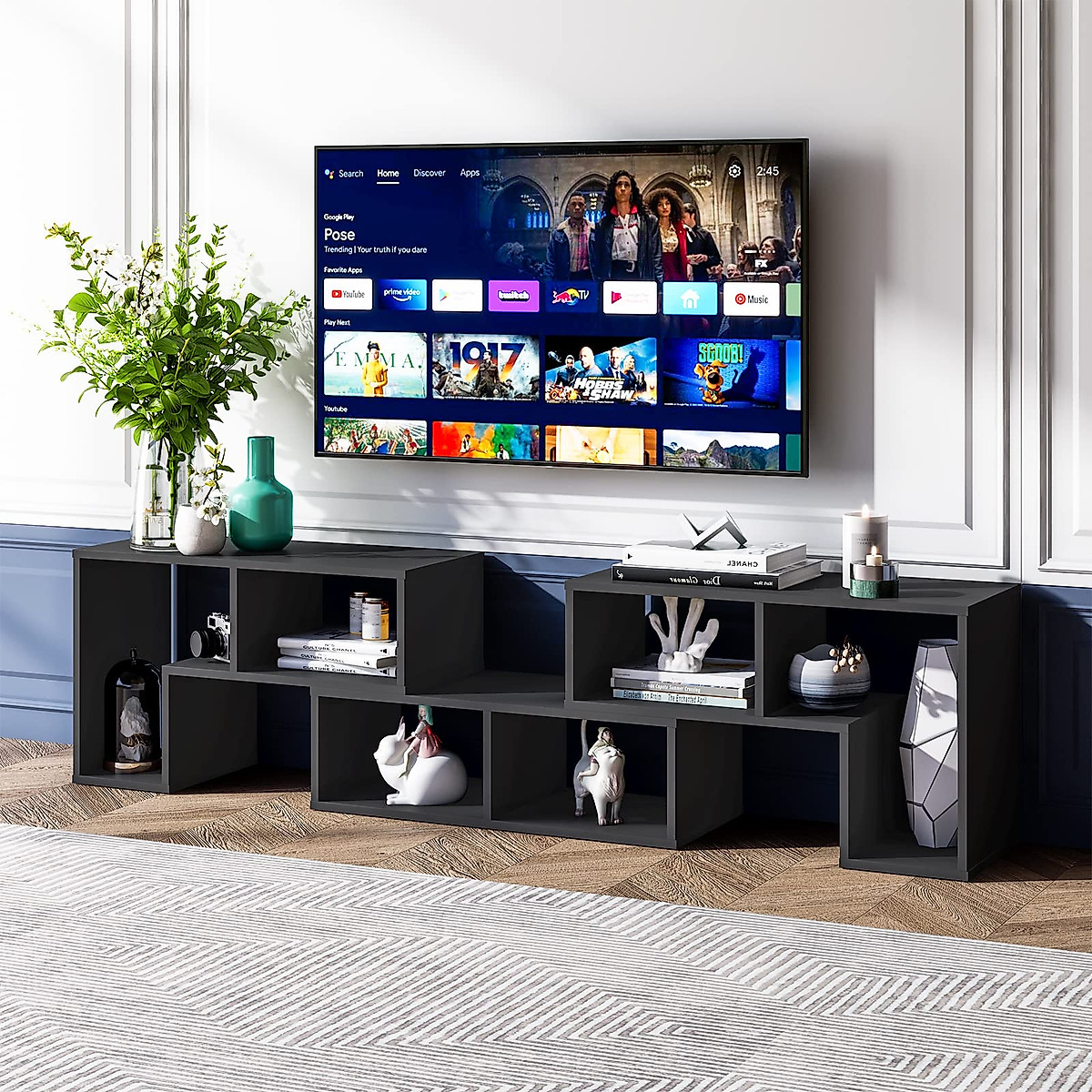 Tangkula 3 Pieces Console TV Stand, Free-Combination Entertainment Center for 50 55 60 65 Inch TV, Minimalist Modern TV Media Stand, DIY Open Storage Bookcase Shelf for Living Room (Black)