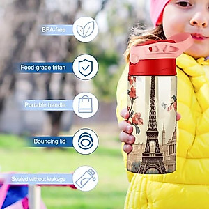 Stainless Steel Water Bottles Paris Vintage Floral Travel Water Cups with Handle And Silicone Straw Drinking Cup with Leak Proof Lid Thermo Travel Mug for Women Men