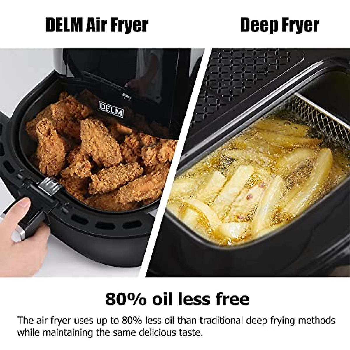 DELM Air Fryer Electric Hot Oven Oilless Cooker LED Touch Digital Screen with 8 Cooking Functions, Airfryer Preheat and Shake Reminder, Nonstick Basket,deep fryer xl digital, 6.3 QT-Black,beginners recipes included!