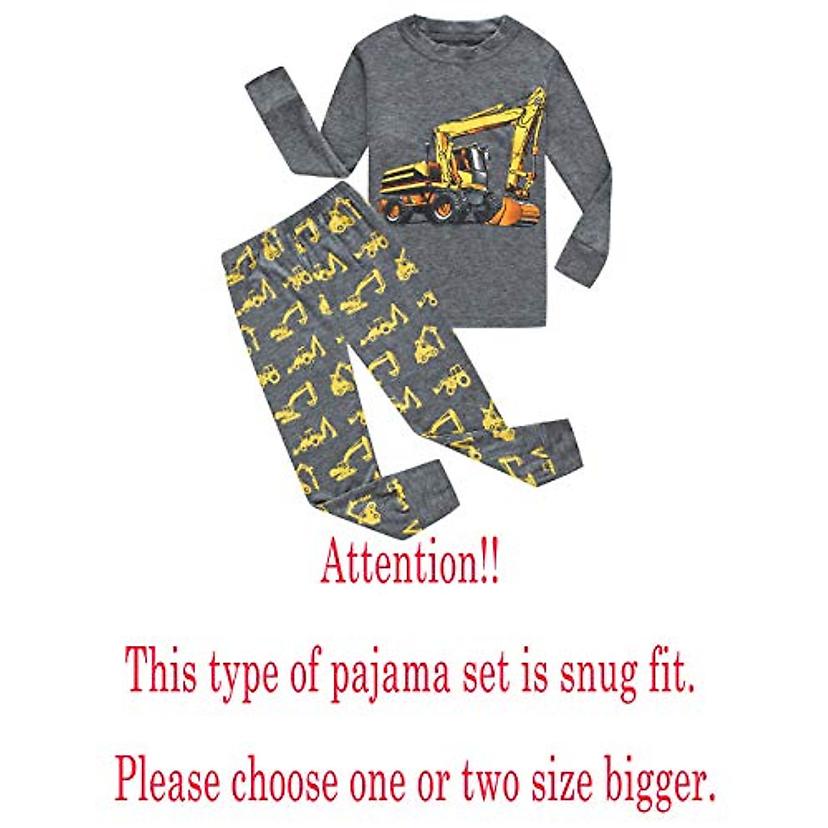 Family Feeling Excavator Little Boys Long Sleeve Pajamas Sets Cotton Pyjamas Kids Pjs Size 5 Grey