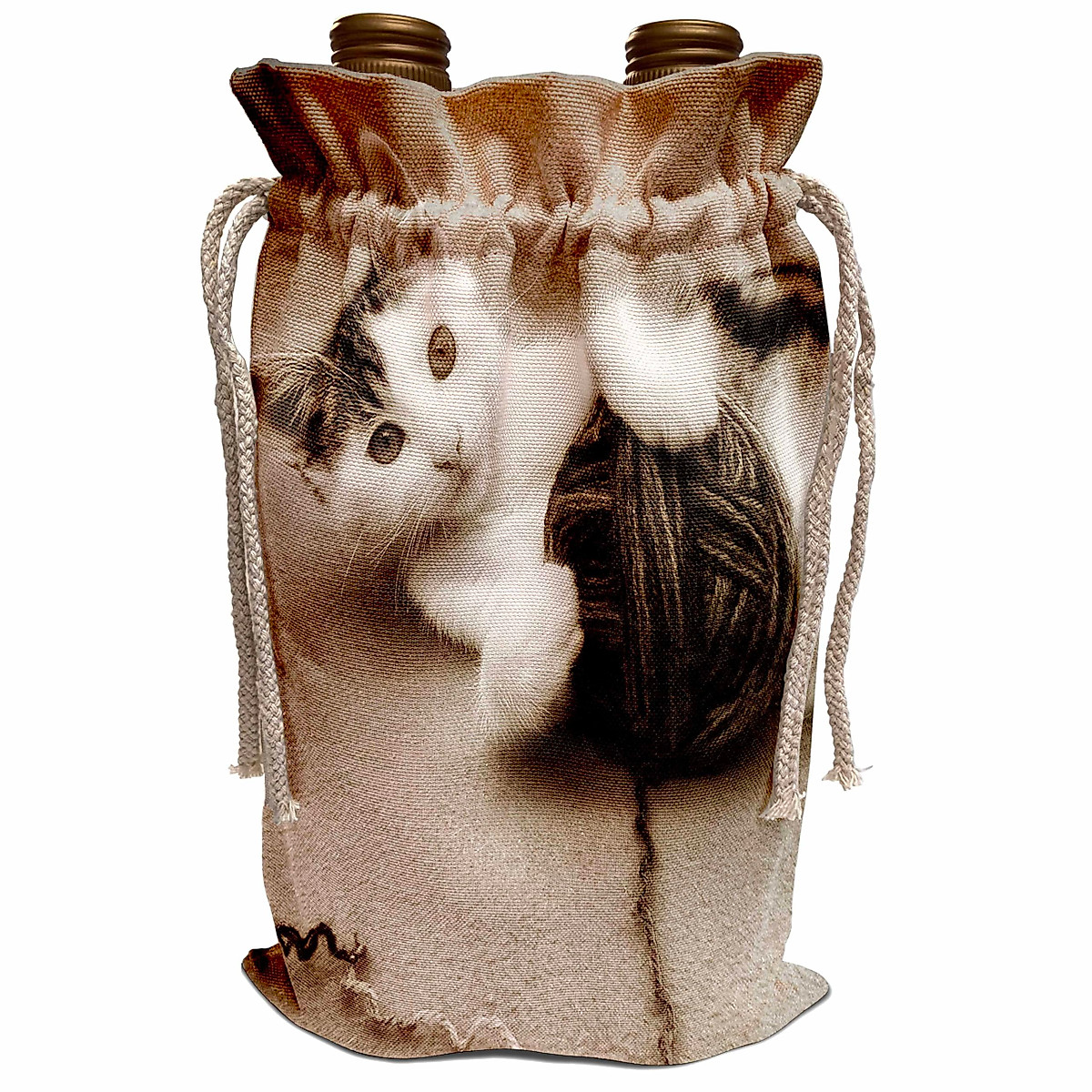 Wine Bag - Adorable sepia toned kitten with a ball of yarn. Cats