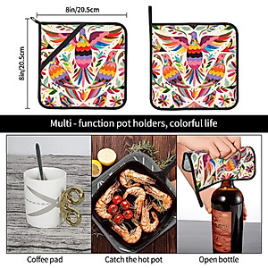 Pot Holders Mexican Floral Ethnic Art Birds Paisley Square Heat Resistant Kitchen Potholder Set of 2 for Cooking Baking BBQ Oven Hot Pads Oven Mitts 8 X8 Inch