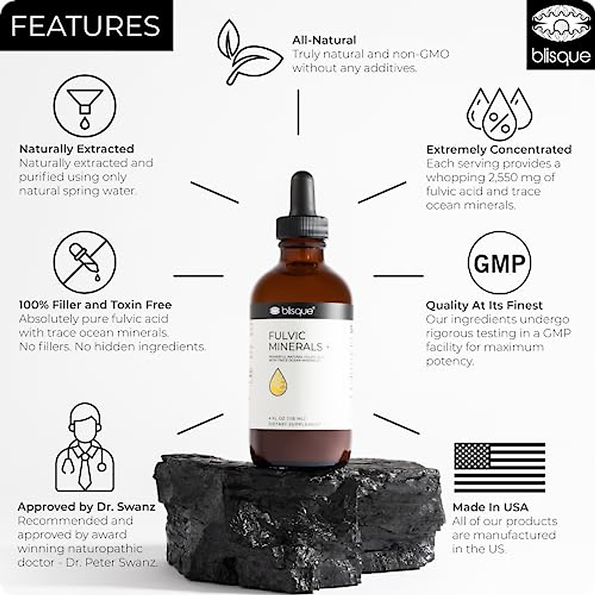 Blisque – Natural Trace Mineral Drops Supplement with Fulvic Acid and Humic Acid | for Detox, Cleanse, Immune Support, Brain Booster, Alkaline Hydration, and Energy | Contains Electrolytes | 4 Ounce