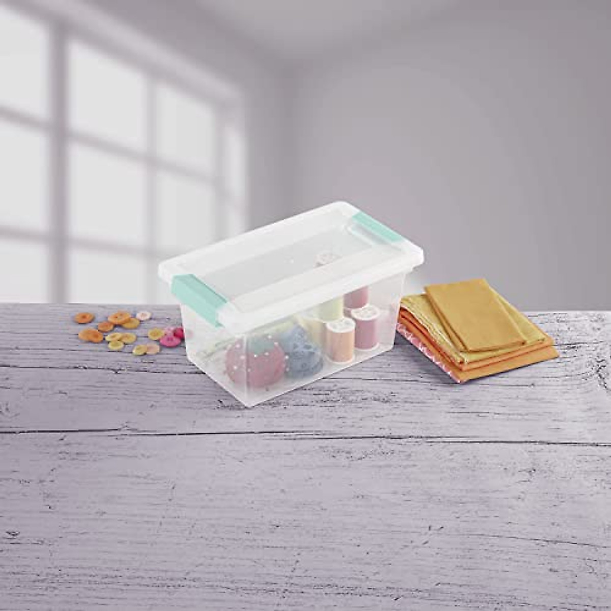 Sterilite Medium Clip Box, Stackable Small Storage Bin with Latching Lid, Plastic Container to Organize Office, Crafts, Clear Base and Lid, 4-Pack