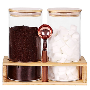 Glass Coffee Containers with Shelf, Set of 2 Coffee Bean Storage with Bamboo Lids and Spoon, Ground Coffee and Suger Jar Container Set for Coffee Bar (47 OZ)