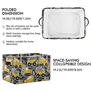Construction Yellow Machinery with Truck Crane and Bulldozer Grey Rectangular Storage Basket Bin, Collapsible Storage Box with Leather Handles, Nursery Baskets Organizer for Kitchen, Kids Toy