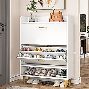 Tribesigns Shoe Cabinet, 2-Tier Shoe Storage Cabinet with Flip Doors, Vintage Entryway Shoe Organizer Rack with Open Shelves for Narrow Closet, Entryway, Living Room, White & Gold