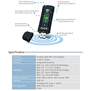 Alfa Long-Range AWUS036EAC AC1200 Wireless USB Wi-Fi Adapter - USB Dongle Adapter for Ultimate Compactness Holder w/Clip & Suction Cup Included