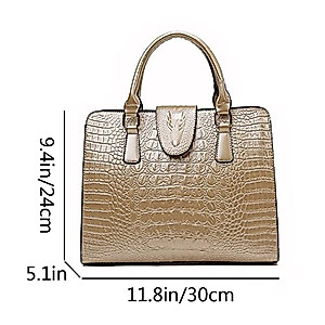YAQUNICER Tote Top-handle Handbags Patent PU Leather Women Purse Satchel Crocodile Pattern Shoulder Crossbody Bag-Gold