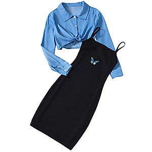 OYOANGLE Girl's 2 Piece Outfit Butterfly Patched Cami Dress with Long Sleeve Button Down Crop Shirt Set Blue and Black 11-12Y