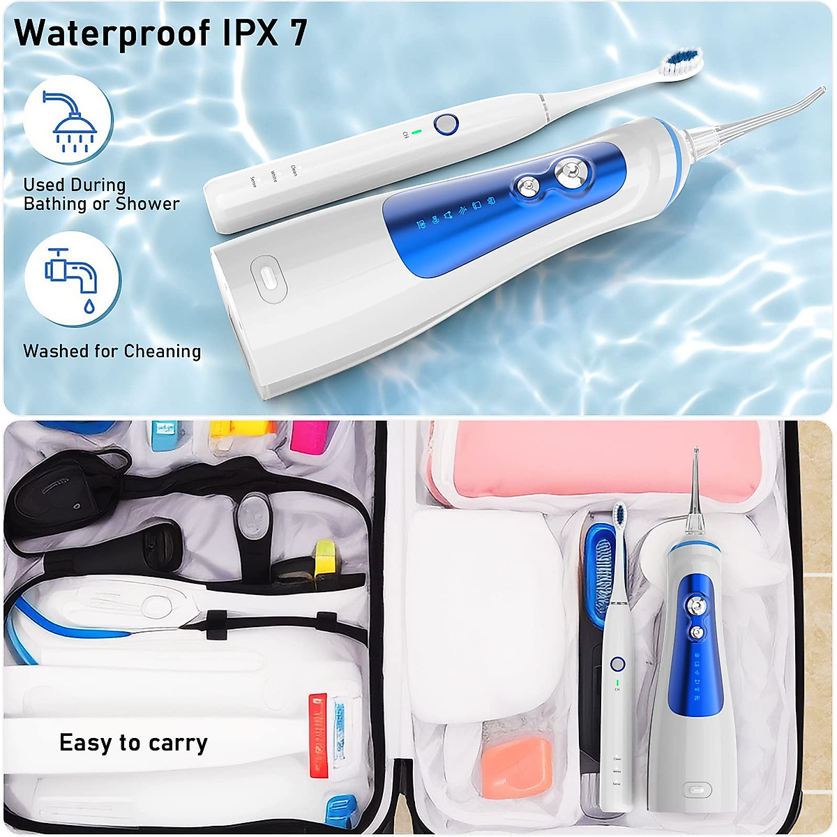 Rechargable Water Dental Flosser with Electric Toothbrush Combo for Teeth Cleaning, Oral Irrigator with 6 Flossing Modes & 5 Jet Tips, Electric Toothbrush with 3 Brushing Modes & 4 Brush Heads