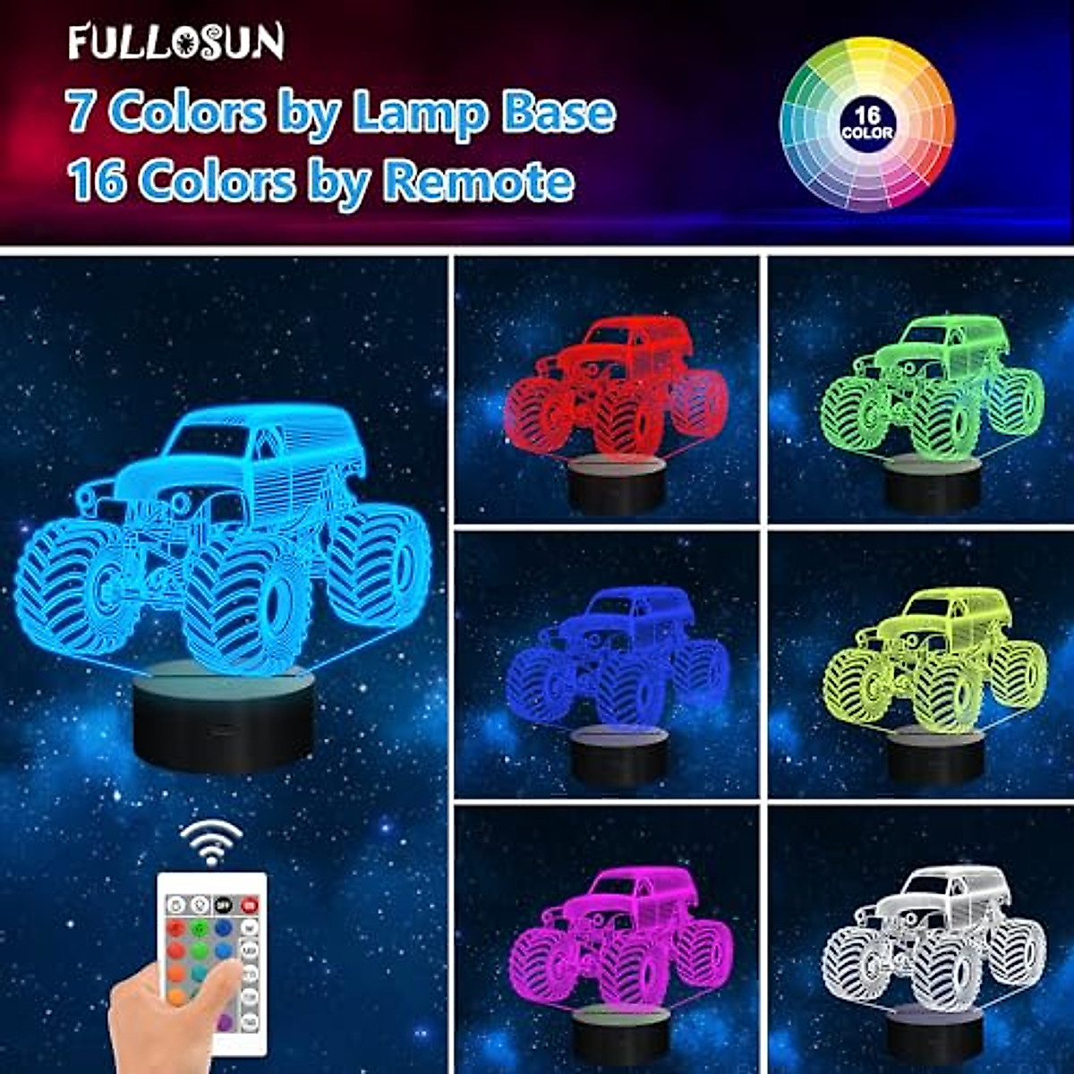 FULLOSUN Monster Truck Gifts, Car, Dirt Bike 3D Night Light for Kids (4 Patterns) with Remote Control & 16 Colors Changing & Dimmable Function & Gift Wrap, Xmas Birthday Gifts for Boy Girl (KIT1)