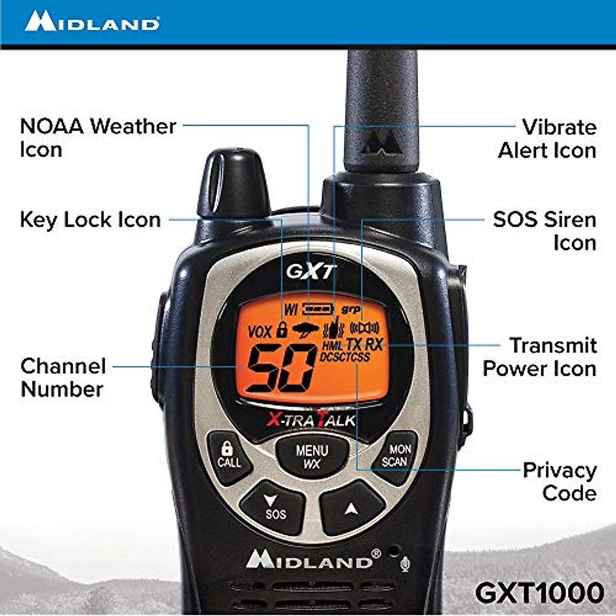 Midland Two-Way Radio - with External Magnetic Mount Antenna & GXT1000 Radio - Long Range Walkie Talkies (Black/Silver, Pair Pack)