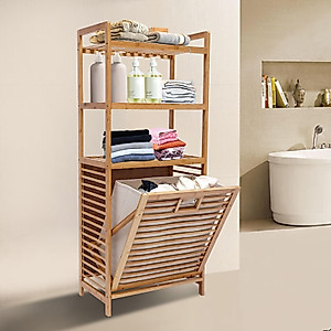 Tilt Out Bamboo Laundry Hamper, Laundry Basket with 3 Shelves Bathroom Cabinet Organizer,4 Tier Shower Caddy Shelf Rack for Bedroom, Bathroom, Closet, Laundry Room