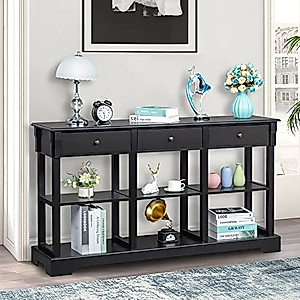 Karl home Console Table with 3 Drawers, Entryway Desk Sofa Side Table with 6 Bottom Cube Storage Shelves, Vintage TV Stand for Hallway Living Room Office, Black 32.5" H