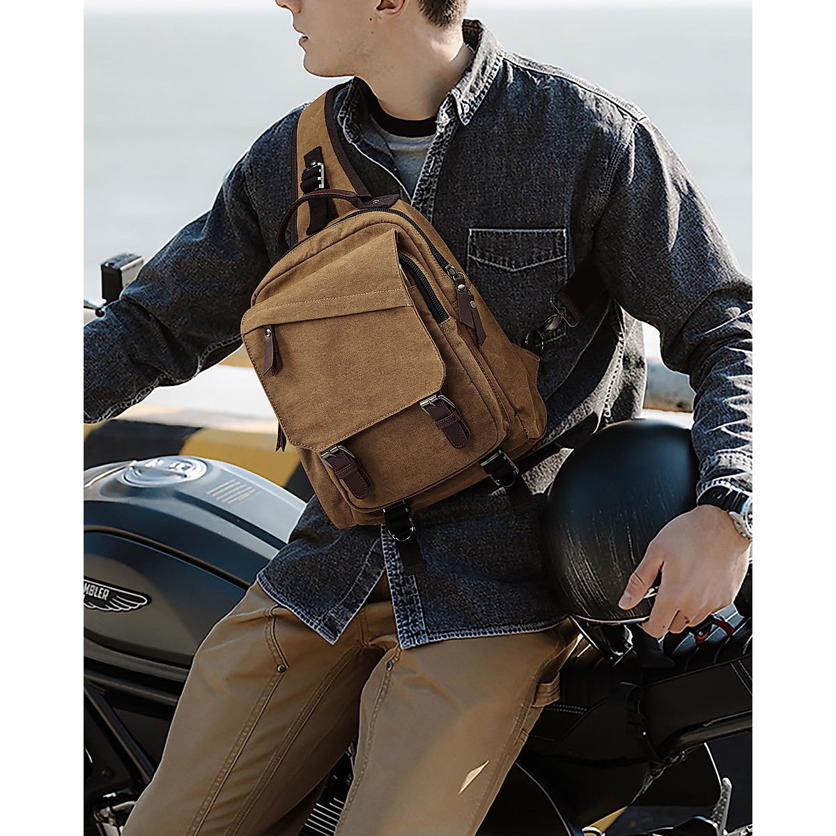 Messenger Bag for Men Small Sling Crossbody Backpack for Men Women Canvas Strap Backpack for Working Hiking Cycling Travel, Khaki