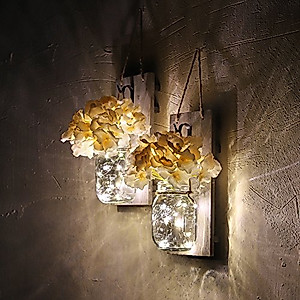 Rustic Wall Sconces - Mason Jars Sconce, Rustic Home Decor,Wrought Iron Hooks, Silk Hydrangea and LED Strip Lights Design 6 Hour Timer Home Decoration (Set of 2)