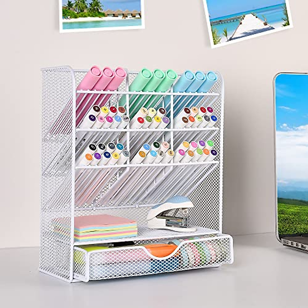 Spacrea Pen Holder Desk Organizer - Desk Organizers and Accessories, Pencil Holder with 10 Compartments and 1 Drawer（White）