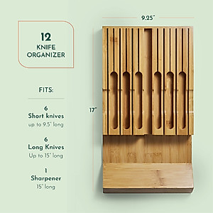 High-Grade 100% Bamboo Knife Drawer Organizer - 12 Knife Slots Plus a Sharpener Slot, Knife Organizer for Kitchen Organization, Durable, Secured, Practical, Eco-Friendly, Knife Block without Knives.