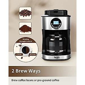 Teglu Coffee Maker with Grinder Built in 12 Cup, Programmable Grind and Brew Coffee Machine All in One with Warming Plate, Automatic Drip Coffee Pot with 60-oz Carafe BPA Free, 950W, Black-2023