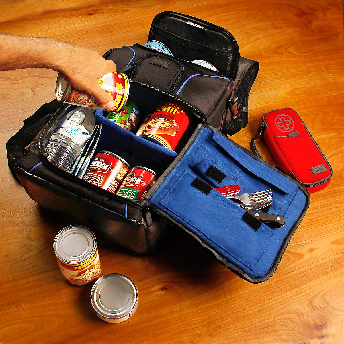 USA Gear Emergency Supplies Backpack Case (Blue) - 15.6 inch Laptop Compartment, Padded Custom Dividers, Bottle Holder, Rain Cover,-Lasting Durability and Extra Pockets - Easy to Carry Long Distances