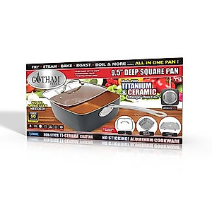Gotham Steel Nonstick Square Deep Frying Pan, 9.5” Large Frying Pan & Cooking Pan with Ceramic Nonstick Coating, 4 Pc Titanium Ceramic Deep Frying Pan with Lid, Basket & Steamer Tray, Dishwasher Safe