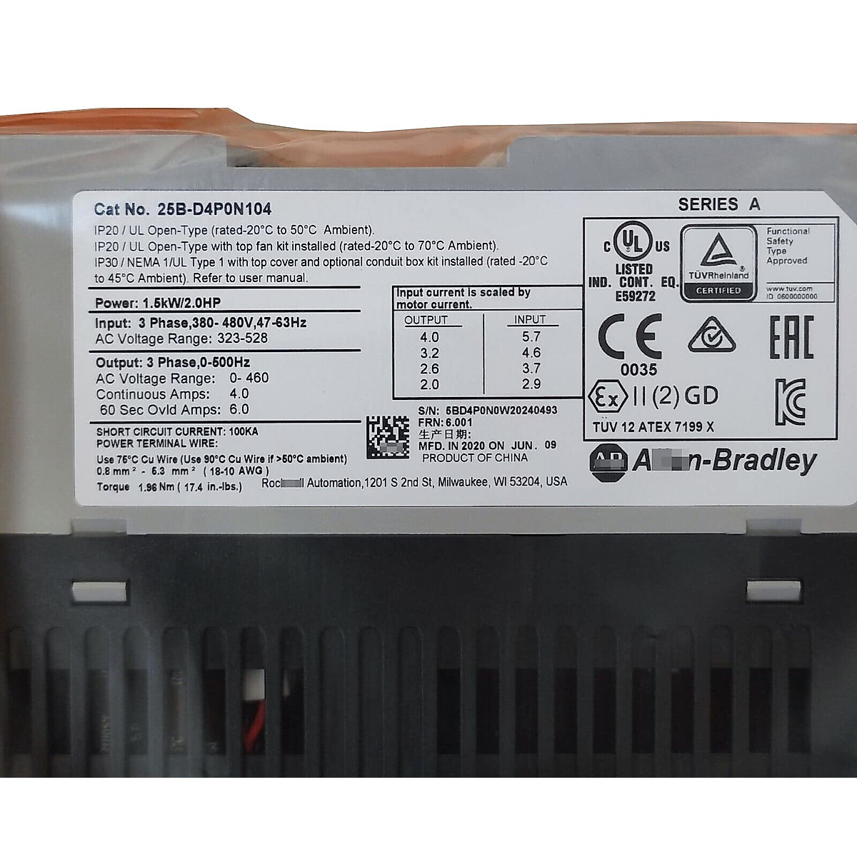 25B-D4P0N104 Power 525 1.5kW AC Drive 25BD4P0N104 Sealed in Box 1 Year Warranty Fast Shipment