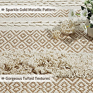 SUMGAR Beige 2x3 Area Rug Boho Rugs Cotton Woven Textured Thick Cream Neutral Throw Rug,Handmade Tufted Knoted Soft Carpet with Sparkle Gold Metalic Pattern for Living Room Bedroom Entryway