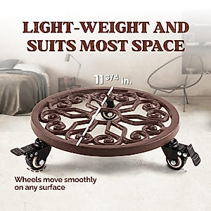 Idzo Cast Iron Caddy Plant Dolly with Lockable Caster Wheels for Indoor Outdoor Holds up 380 Lbs Pots Planter, 12 inch, Round Metal