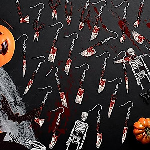 12 Pairs Halloween Earrings for Women Spooky Black Cat Witch Pumpkin Bloody Printed Knife Skull Ghost Spiderweb Boo Spider Drop Dangle Earring for Halloween Jewelry Set (Knife)