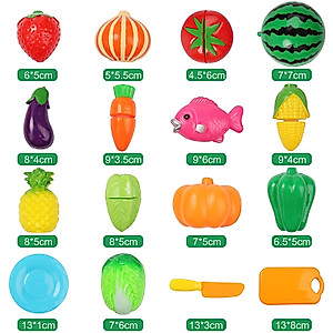 Cutting Play Food Set Kitchen Pretend - 40pcs Grocery Basket Toys Food for Kids Toddlers Girls Boys Educational Fake Fruits Vegetables Pizza Knife Dishes Playhouse Accessories Xmas Gifts