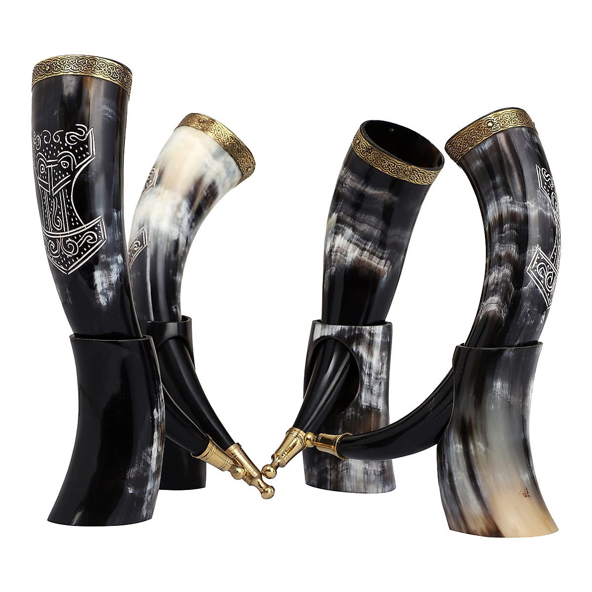 Bhartiya Handicrafts Viking Drinking Horn with Stand - Unique Genuine Ox Horn - Handmade Horn- Mjolnir Carved Horn - Thor Horn 4 pieces