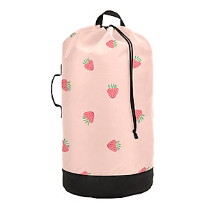 xigua Pink Strawberry Laundry Backpack Bag, Extra Large Laundry Bag with Straps, Portable Backpack Laundry Bag for College Dorm, Apartment, Laundromat