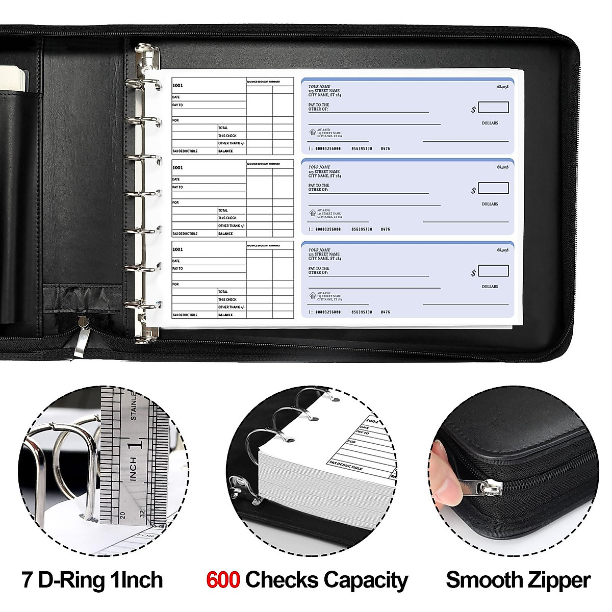 SUNEE Zippered Business Checkbook Binder 7 Ring 1 Inch with Zipper for Business Checks (9" x 13"), PU Leather 7 Ring Check Binder for Business Checks Holds 600 Checks Capacity for Executive Supplies