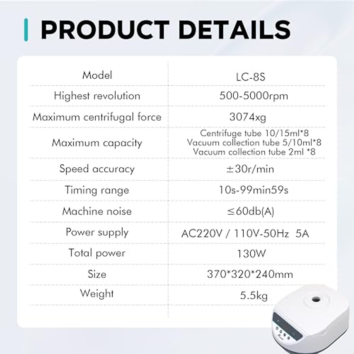 LAB FISH Lab Benchtop Centrifuge Machine 8 x 2ml/5ml/10ml/15ml Capacity Test Tubes,Low Speed 500-5000r/min,Max 3074xg RCF