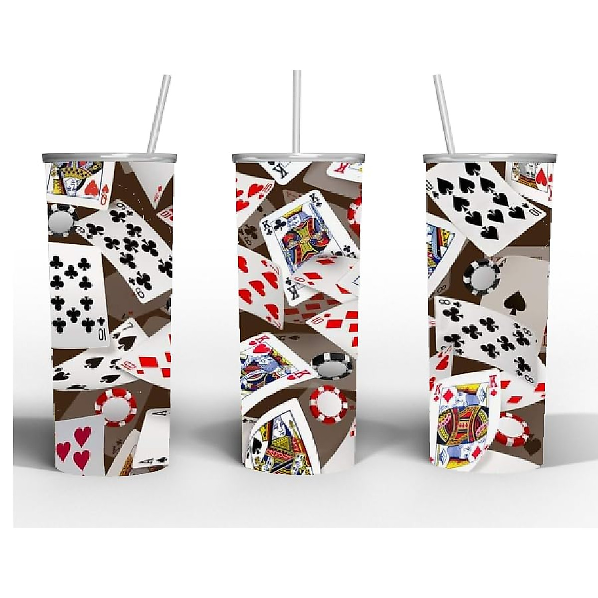 Playing Cards Poker Chips Casino Night 20 oz stainless steel Insulated Hot/Cold ThermalSkinny Tumbler w/Lid Straw Brush Box