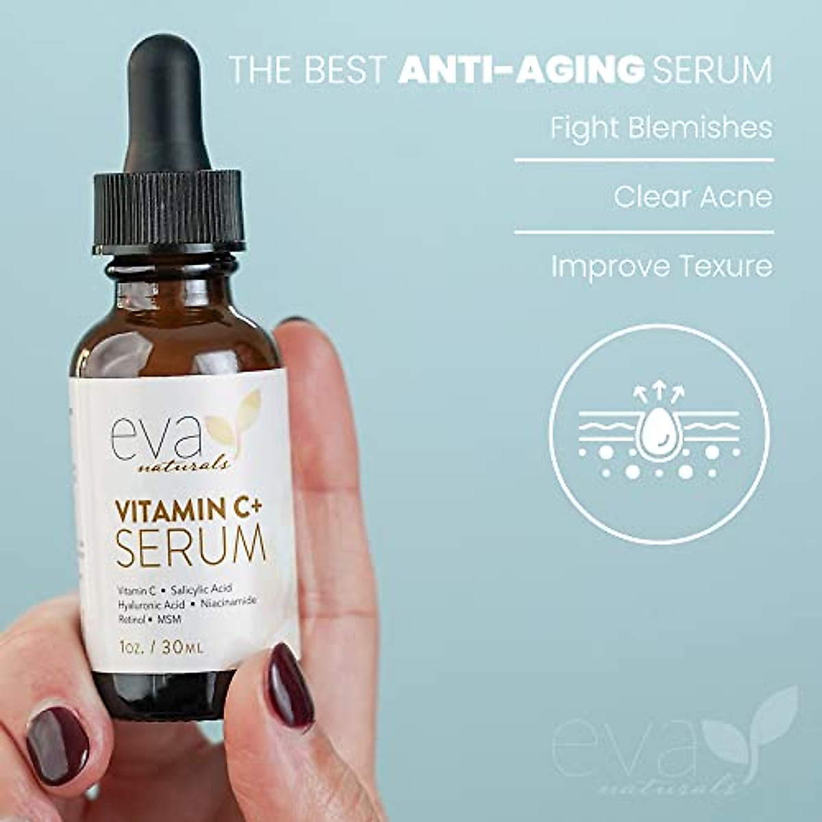 Eva Naturals Vitamin C Serum for Face Plus Hyaluronic Acid, Retinol, Niacinamide & Salicylic Acid, Anti Aging Serum, Reduce Fine Lines, Wrinkles & Dark Spots, Brightening Skin Serum for Glowing Skin (1 oz)