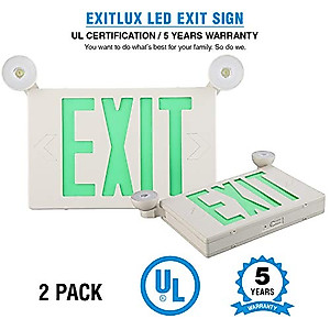 EXITLUX 2 Pack Green Led Exit Sign with Emergency Lighting Battery Backp -Two LED Adjustable Head -120V/277V-UL Listed-Exit Lighting -Dual LED Lamp ABS Fire Resistance for Power Failure.