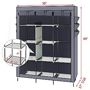 Simply-Me Wardrobe Storage Closet Portable Closet Clothes Storage Organizer Non-Woven Fabric Closet Organizers and Storage Shelves with Side Pockets,69-Inch (Gray)