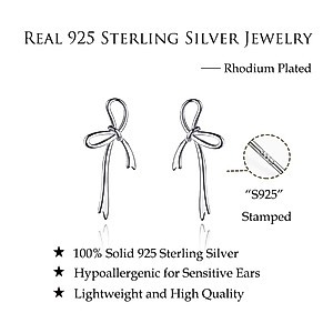 Reffeer Solid 925 Sterling Silver Bow Stud Earrings for Women Teen Girls Bowknot Stud Earrings Drops (A-Silver)