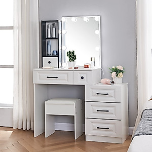 saicheng Vanity Desk with Mirror and Lights-3 Color and Brightness Adjustable, Vanity Set with Drawers and Chair, White Makeup Vanity Table for Girls