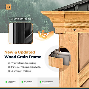 HAPPATIO 10' x 12' Hardtop Gazebo, Outdoor Wood Grain Frame Aluminum Gazebo with Galvanized Steel Double Roof，Patio Gazebo Canopy with Netting and Curtains for Patio, Lawns, Deck，Backyard (Beige)