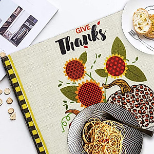 Fall Sunflower Placemats Set of 6 for Dining Table, Autumn Pumpkin Burlap Placemats for Kitchen Decor Thanksgiving Gnome Washable Harvest Place Mats 12.4" x 16.9"