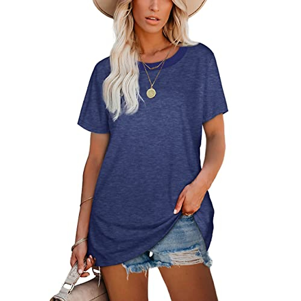 Summer Tops for Women Comfy Short Sleeve Tunic Tees Navy M