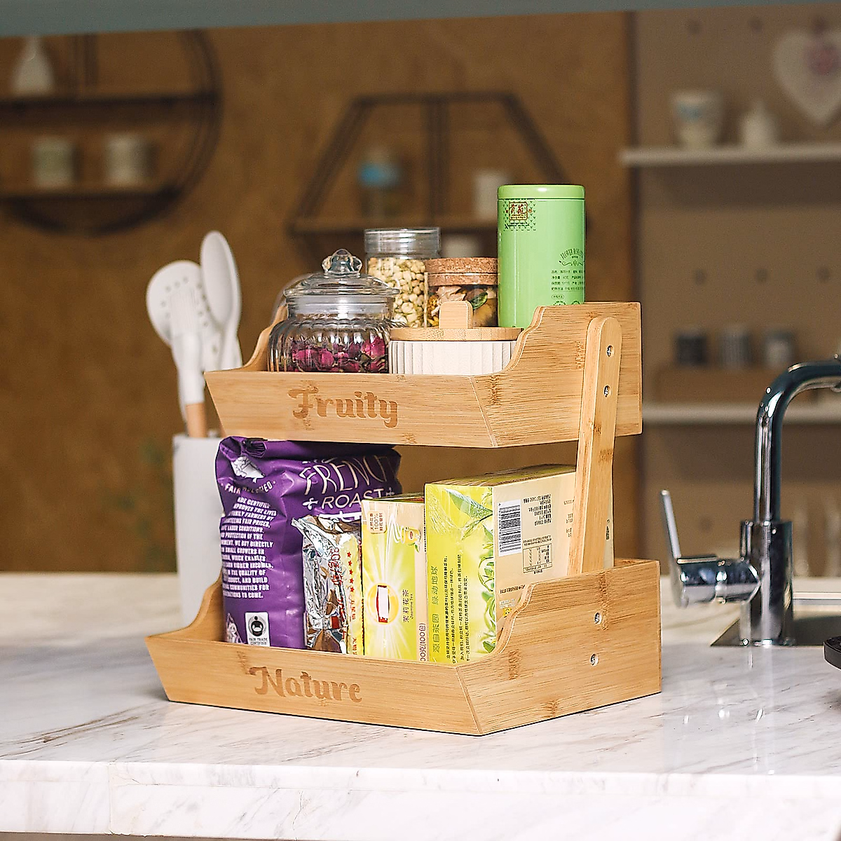 Lunavita 2 Tier Bamboo Fruit Basket, Fruit Stand, Large Fruit Vegetable Storage for Kitchen Countertop,Fruit Holder for Vegetables, Bread,Drinks, Snack Storage and Display