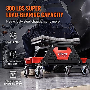 VEVOR Mechanic Stool 300 LBS Capacity Garage Stool Gift for Men, Heavy Duty Rolling Mechanics Seat, with Three Slide Out Tool Trays and Drawer, Tools for Automotive Auto Repair